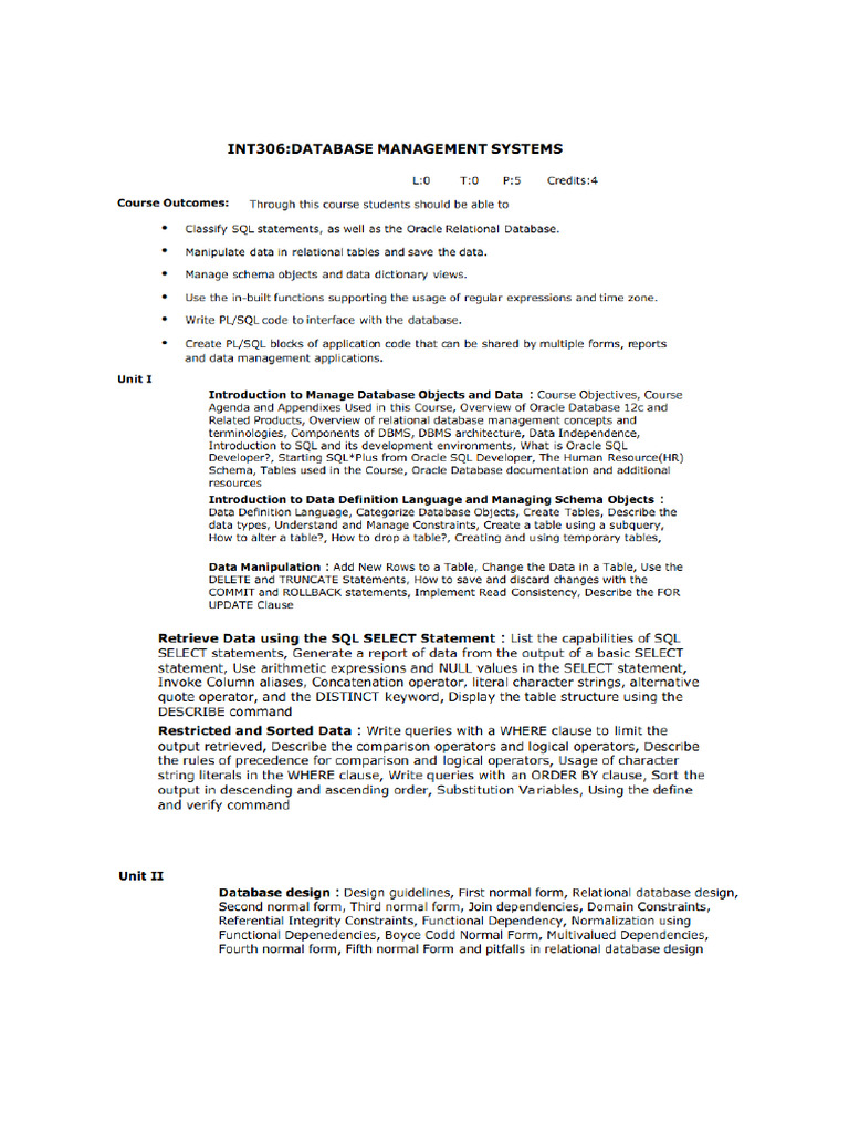 INT-306 DataBase Management Systems - Syllabus | PDF