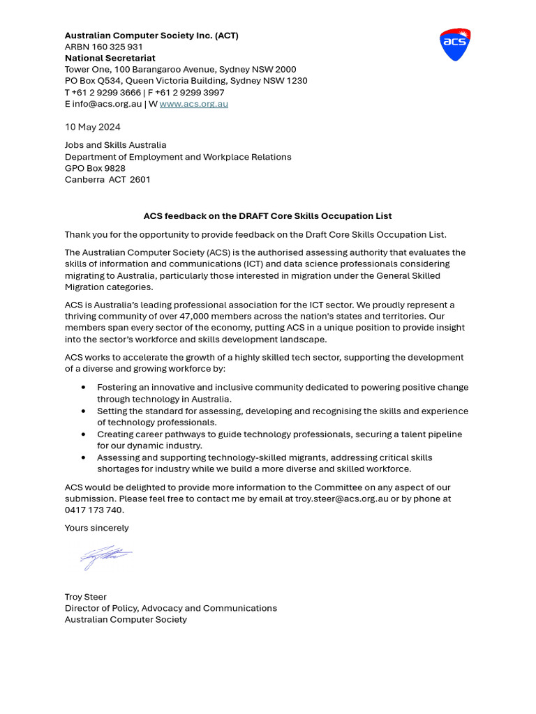 ACS Submission on Core Skills Occupation List | PDF | Computer Security ...