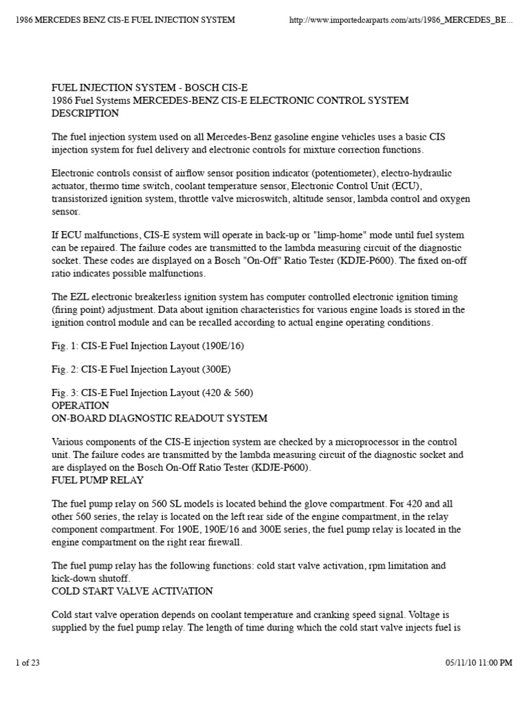 1986 Mercedes-Benz CIS-E Fuel Injection System | PDF | Throttle ...