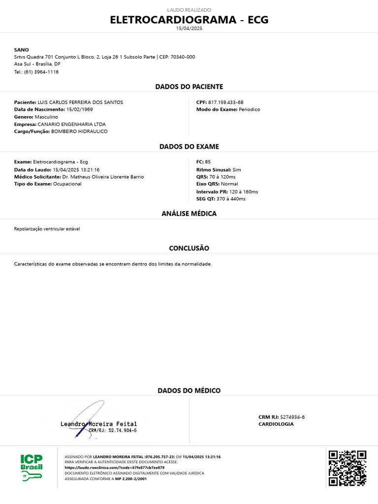 LUIS CARLOS FERREIRA DOS SANTOS - Eletrocardiograma - Ecg | PDF