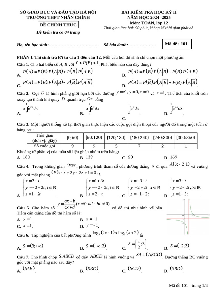 SGD Hà N I Toán 12 HK2 THPT Nhân Chính Mã 101 | PDF