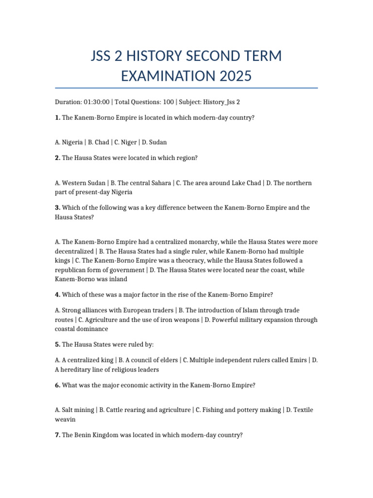 JSS 2 History Second Term Examination 2025 | PDF | Nigeria