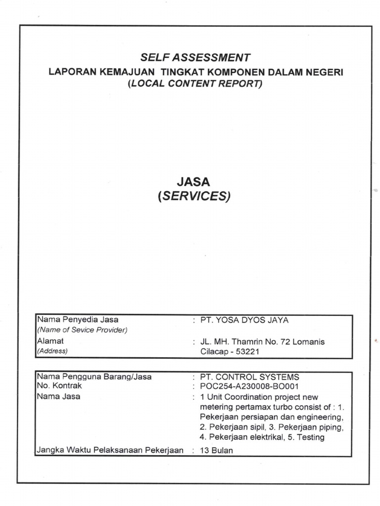 Self Assessment TKDN Poc254-A230008-Bo001 (Civil) | PDF