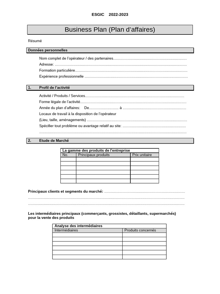 Business Plan ESGIC 2022-2023 | PDF | Plan d'affaires | Stock