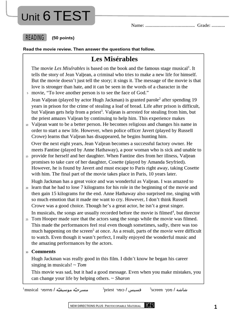 JHS DOC New-Directions-Plus U6 Test | PDF | Cosette