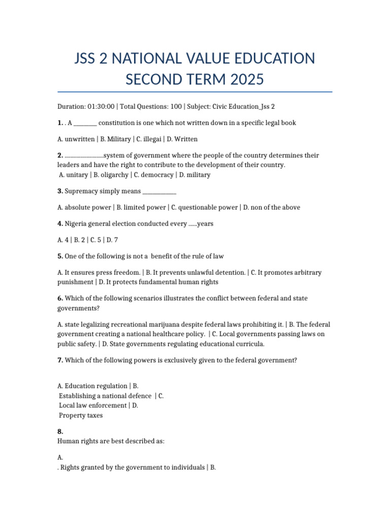 National - Value - Education - Second - Term - 2025 JSS2 | PDF | Democracy | Political Ideologies