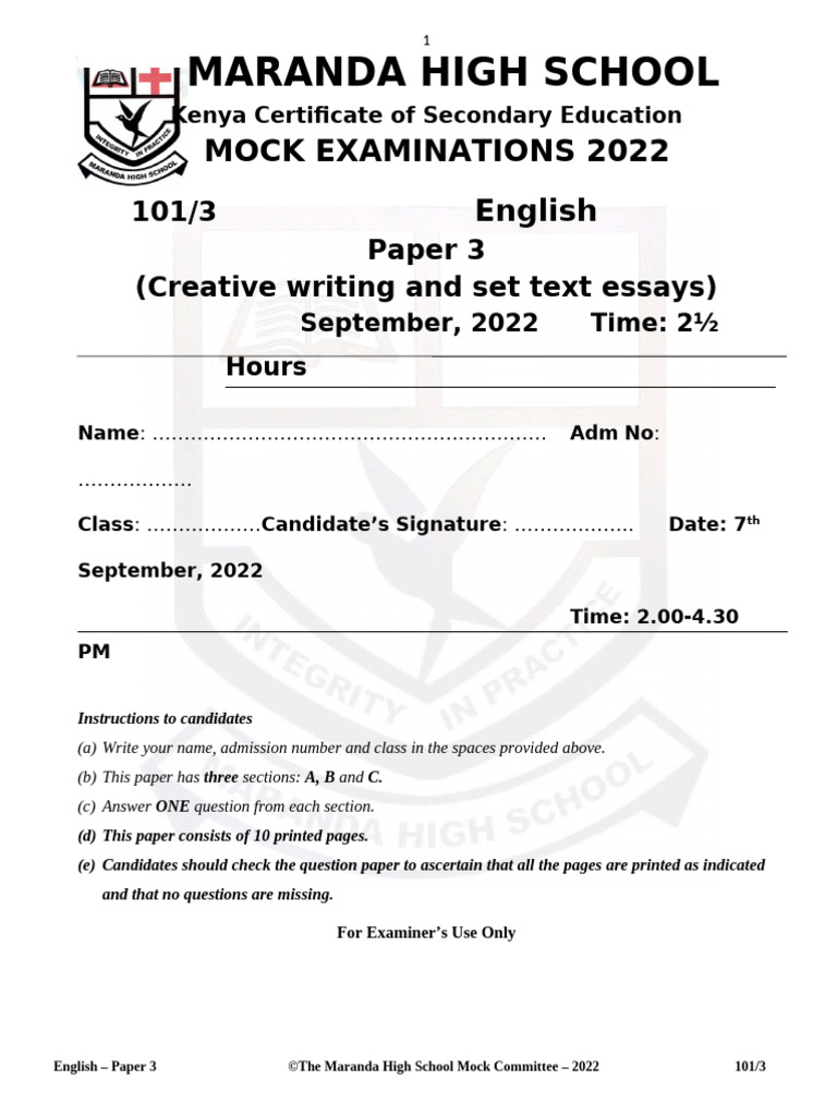English P3 QS Maranda High School Mock 2022 | PDF