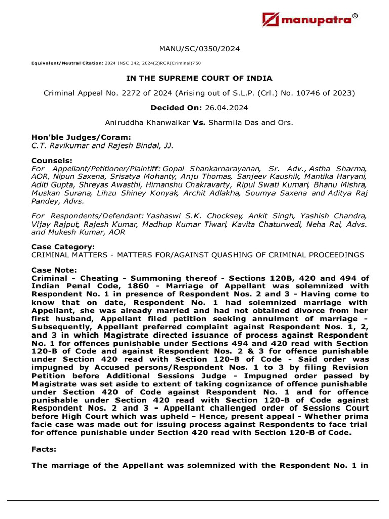 Aniruddha Khanwalkar Vs Sharmila Das and Ors 26042SC20242704241654275COM608987 | PDF | Trials ...