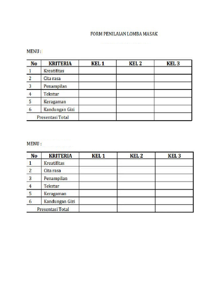 Contoh Form Penilaian Lomba Masak | PDF