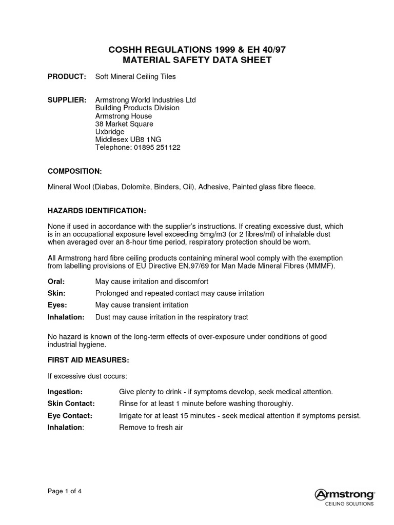 Armstrong Mineral Tiles - Data Sheet | PDF | Occupational Safety And ...