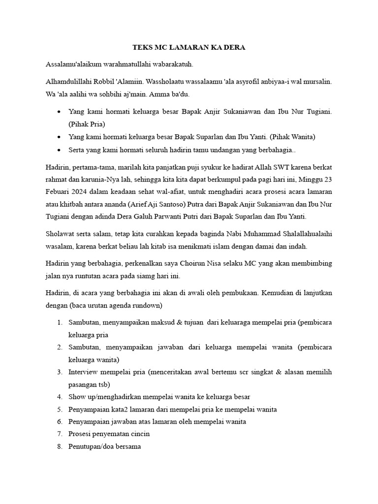 Teks MC Lamaran Ka Dera | PDF