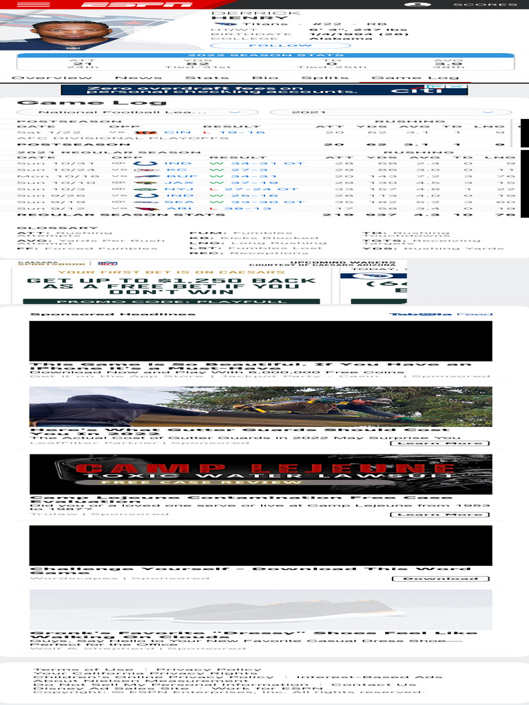 Derrick Henry Game by Game Stats and Performance ESPN | PDF | National Football League ...
