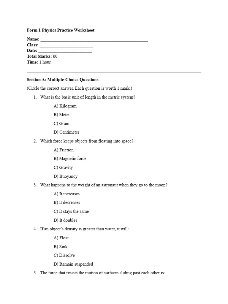 Physics Practice Worksheet for Students | PDF | Force | Buoyancy