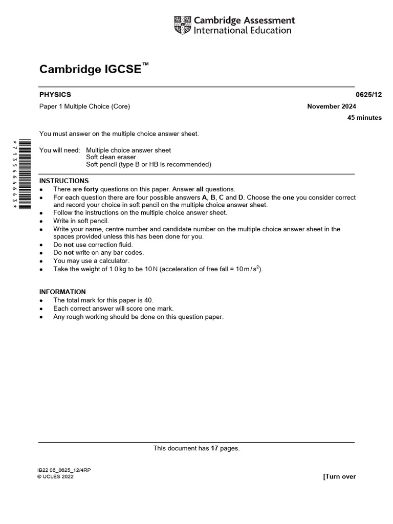 Cambridge IGCSE Physics Paper 1 MCQ | PDF | Force | Water
