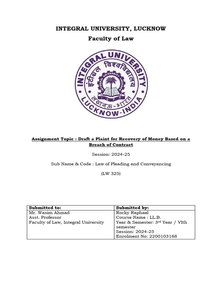 Assignment on Plaint for recovery of money copy | PDF | Lawsuit ...