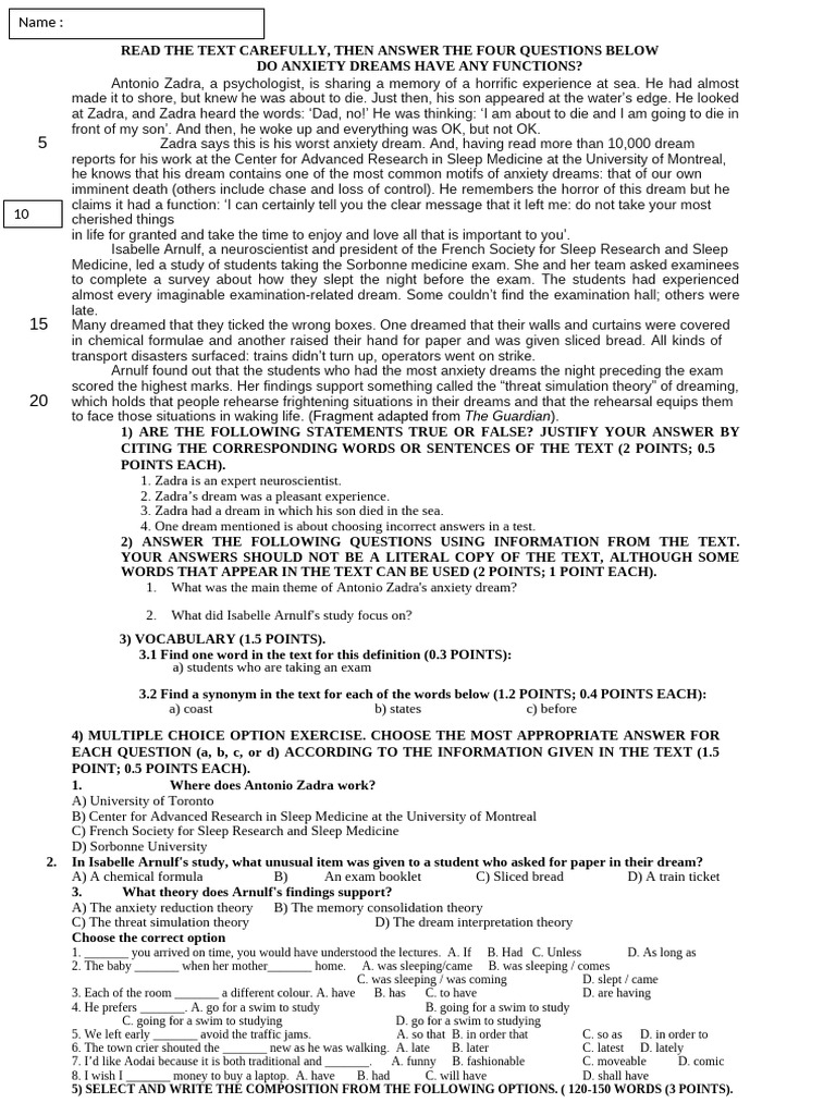 Bachi Modelos Examen Pau Ingles 2025 Castilla y Leon | PDF | Dream