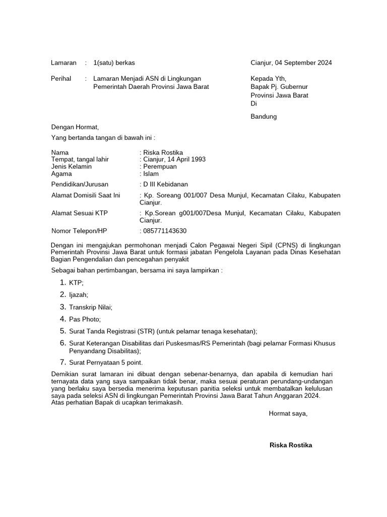 SURAT LAMARAN CPNS Riska | PDF
