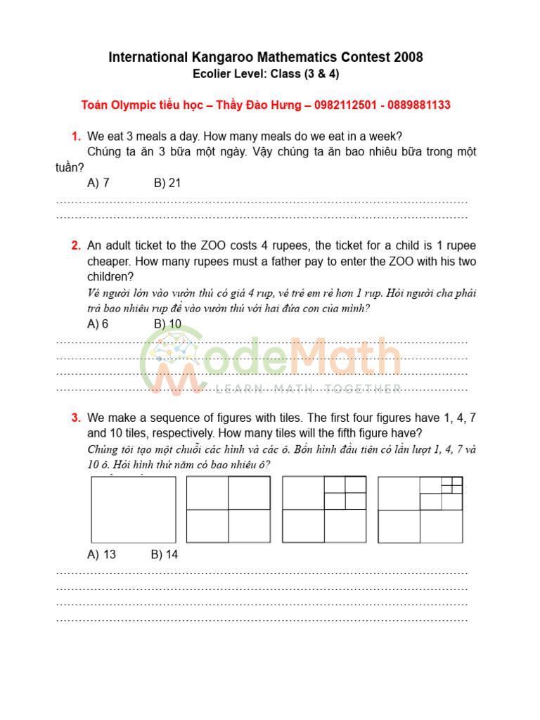 Đề thi Toán học IKMC KANGAROO quốc tế KHỐI 3,4 - Năm 2008 | PDF