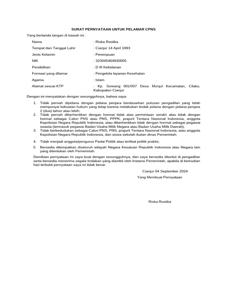 Surat Pernyataan Riska | PDF