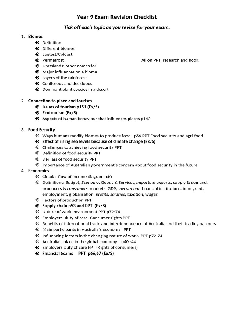 Year 9 Exam Revision Checklist Guide | PDF