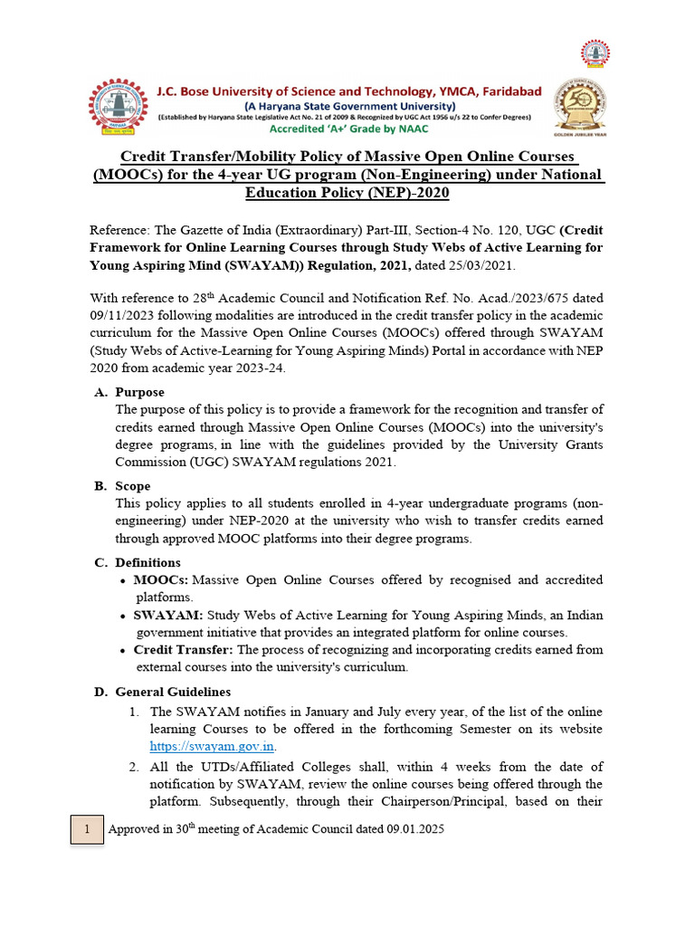NEP UG 2023-24 Credit Transfer Policy For MOOCs 3 | PDF | Massive Open Online Course ...