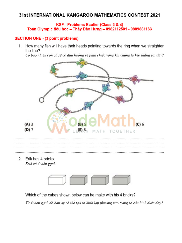 Đề thi Toán học IKMC KANGAROO quốc tế KHỐI 3,4 - Năm 2021 | PDF