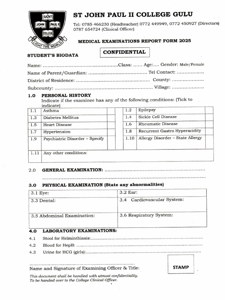 Medical Examination Form | PDF