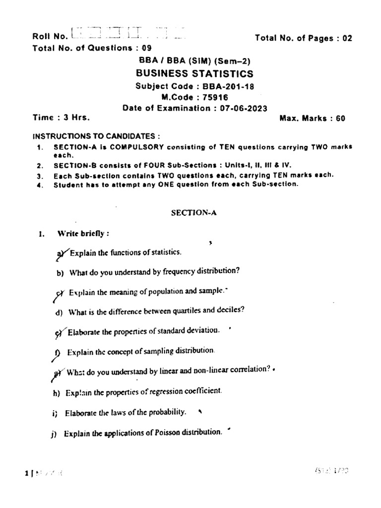 Bba 2 Sem Business Statistics 75916 Jun 2023 | PDF