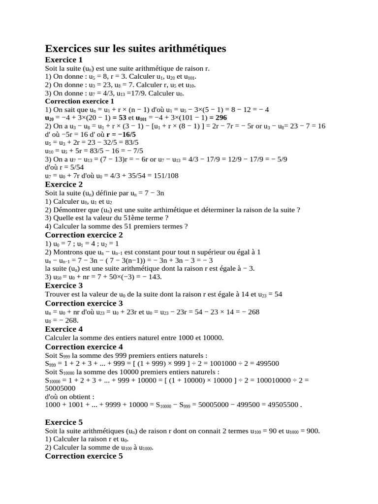 Exercices sur les suites arithmétiques | PDF | Mathématiques | Analyse ...