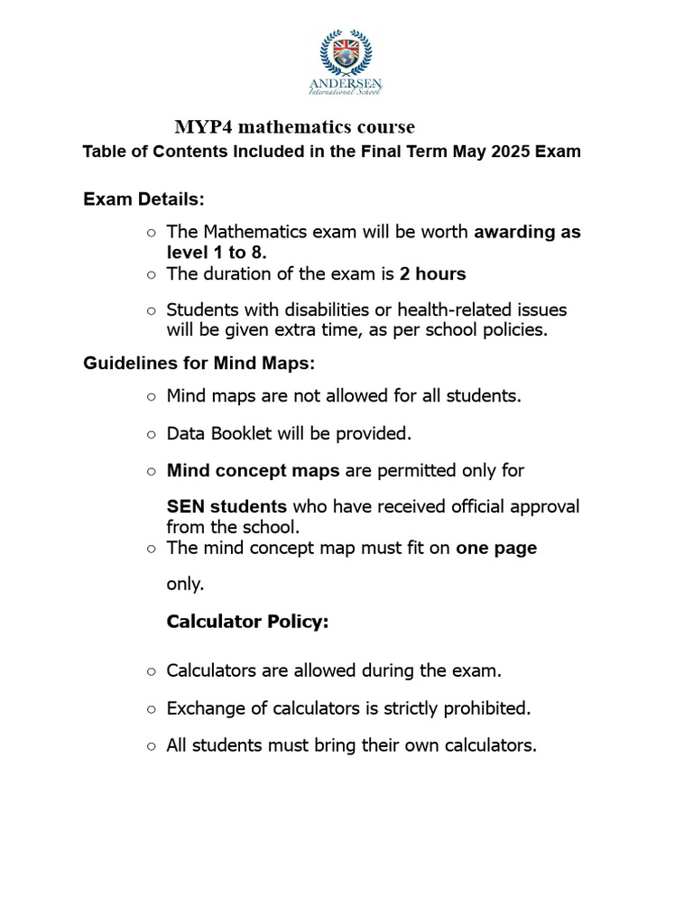 MYP4 Math Exam Guidelines May 2025 | PDF