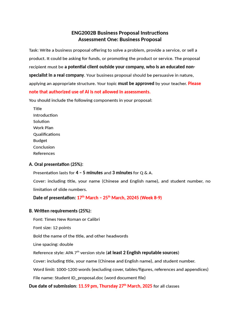ENG2002B Business Proposal Instructions | PDF