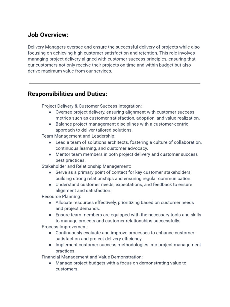 Delivery Manager Job Description | PDF | Project Management | Employee ...