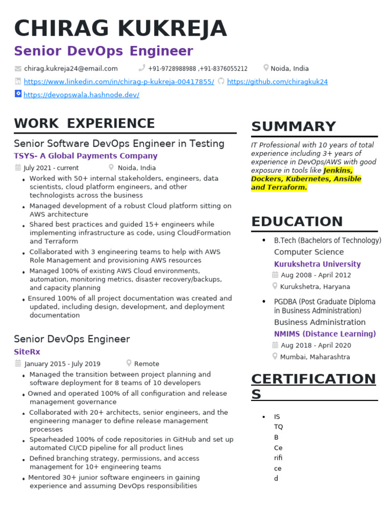 Senior Devops Engineer Resume Example | PDF | Cloud Computing | Amazon Web Services