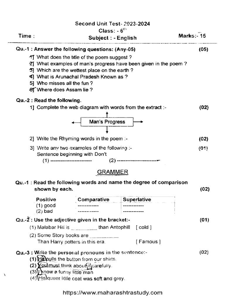 MH Board Class 6 Ut2 English 270924 2024 | PDF