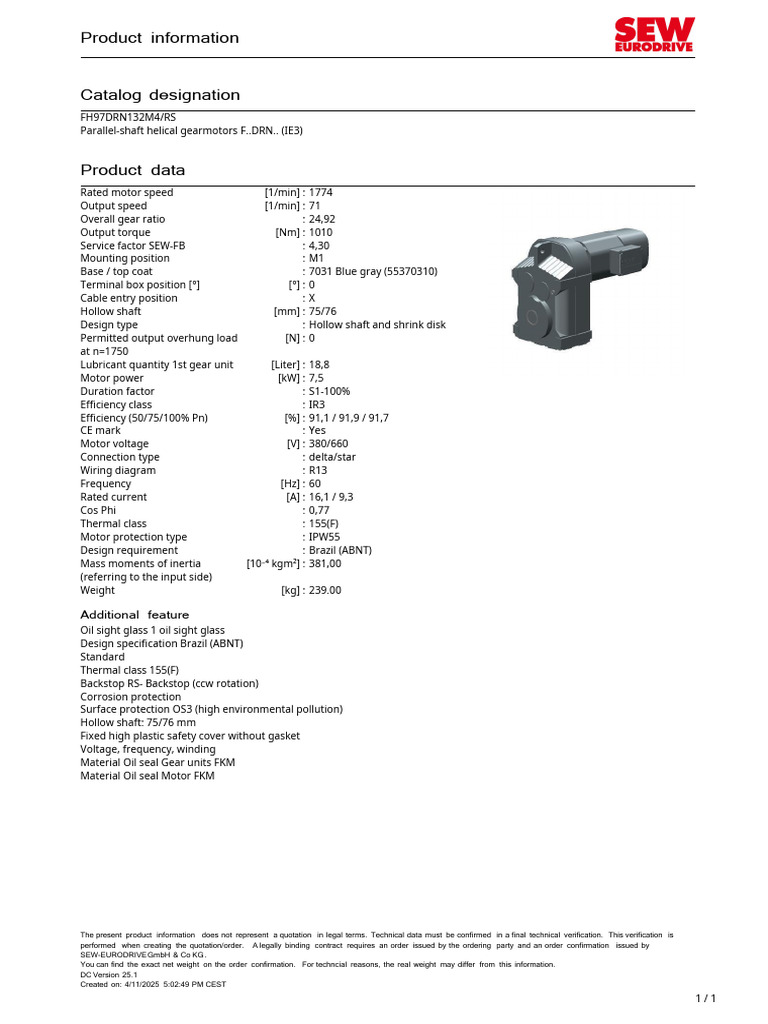 SEW-EURODRIVE Gearmotor Specifications | PDF | Gear | Electric Motor