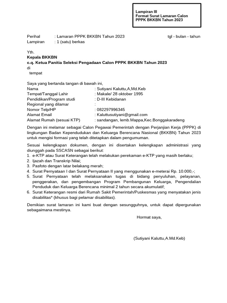 Lampiran III - Format Surat Lamaran Calon PPPK BKKBN 2023 | PDF