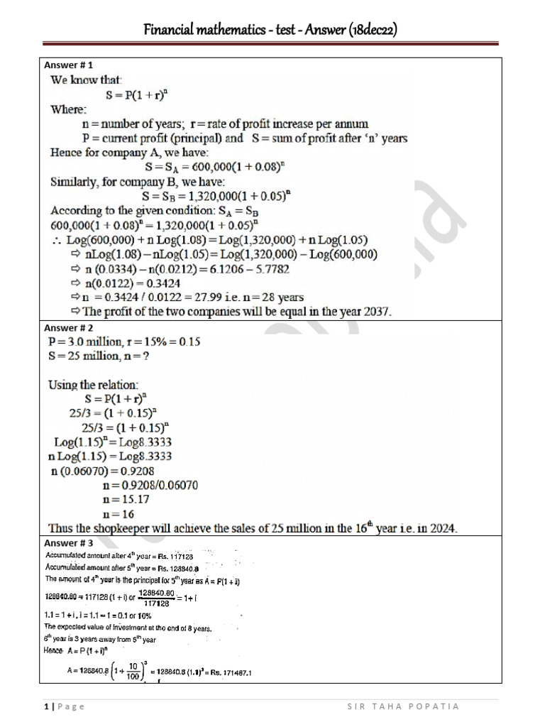 Financial mathematics - Test - Answers - 18dec22 | PDF
