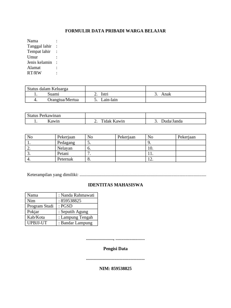 FORMULIR DATA PRIBADI WARGA BELAJAR | PDF