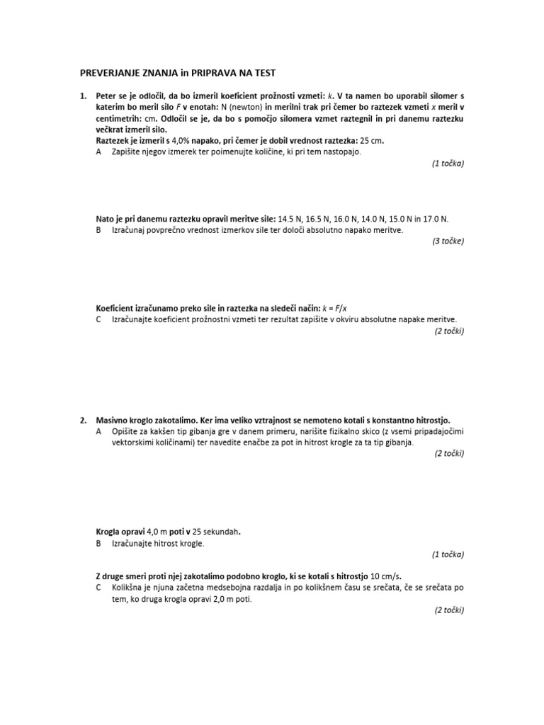 PREVERJANJE ZNANJA - I. Ocenjevalno Obdobje - Merske Napake in Gibanje ...