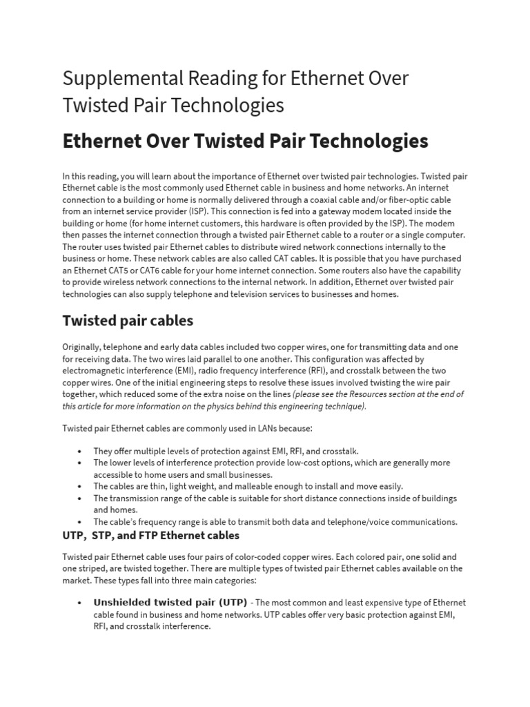 Supplemental Reading For Ethernet Over Twisted Pair Technologies | PDF | Networking Standards ...