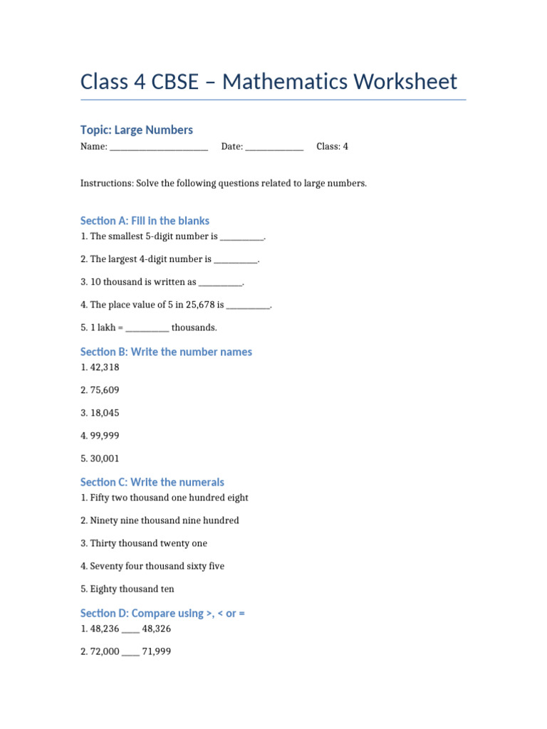 Class4 CBSE Large Numbers Worksheet | PDF