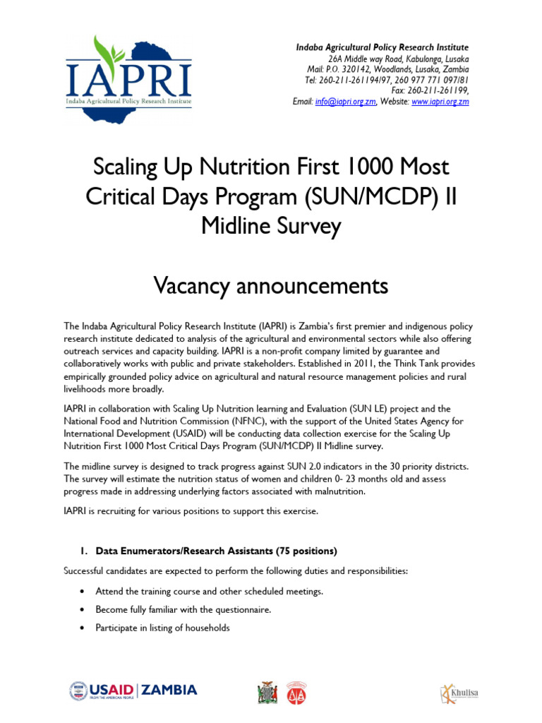 Recruitment Advert Sun II Midline Survey 2022 | PDF | Zambia | Survey ...