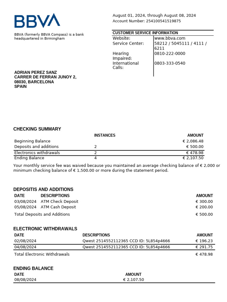 BBVA Bank Statement | PDF | Business | Personal Finance
