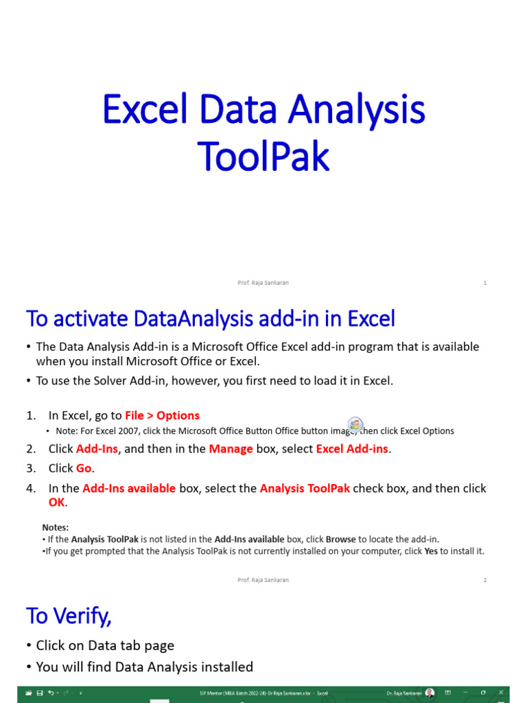 Excel DataAnalysis Toolpak | PDF