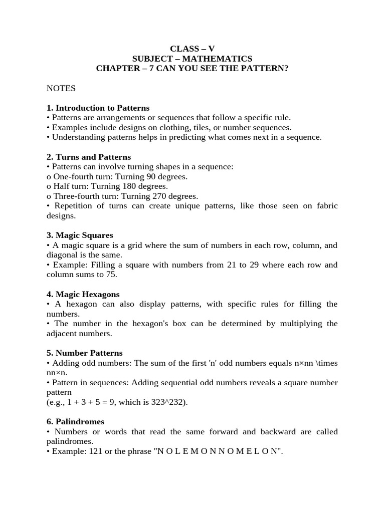 STD 5 - CH 7 - Can You See The Patterns - Notes | PDF