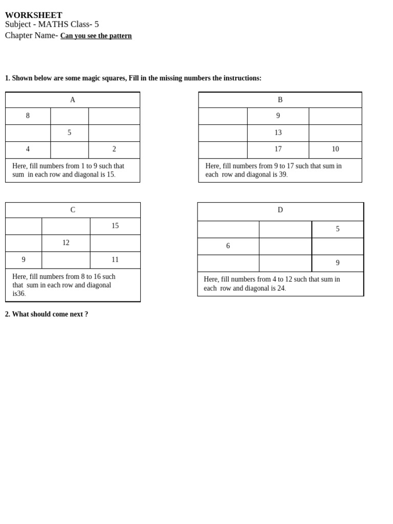 Class 5 Maths: Pattern Worksheet | PDF