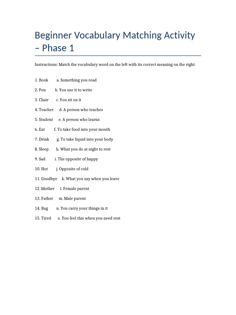 Beginner Vocabulary Matching Activity Phase1 | PDF