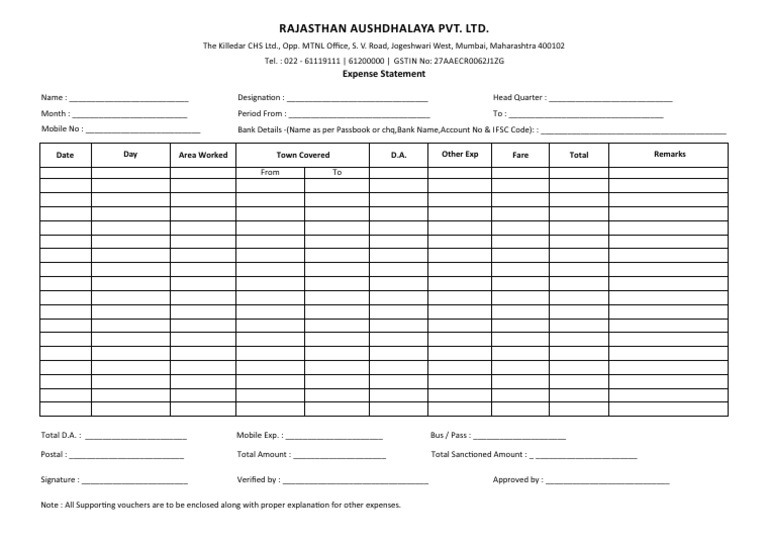 Expense Statement Template for Employees | PDF