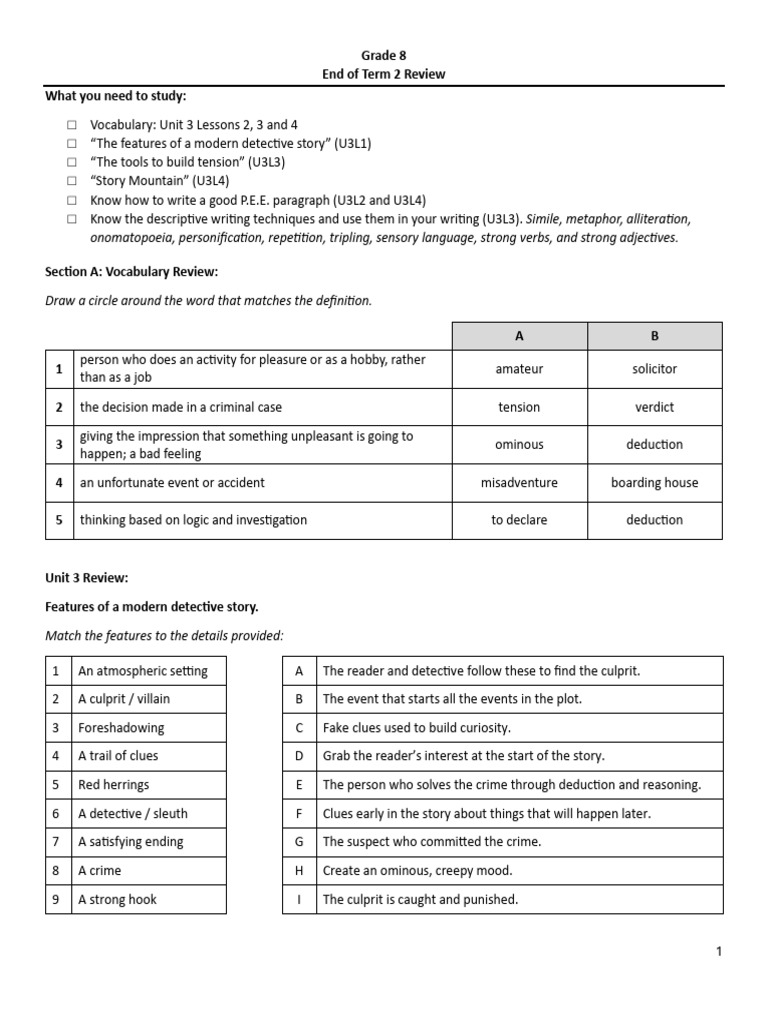 Grade 8 - End Term 2 Review - Workpack | PDF | Detective