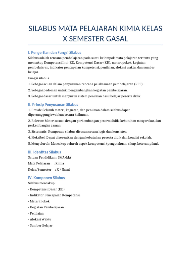 Silabus Kimia Kelas X FINAL Dengan Tabel KD | PDF